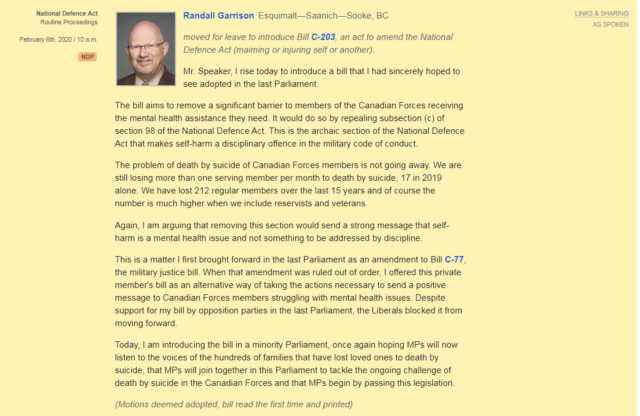 Randall Garrison MP delivers bill to remove self-harm as punishable ...